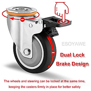 Heavy Duty TPE Rubber Swivel Caster Wheel 4 Pcs, Ø 3in 4in 5in Silent Furniture Replacement Casters, Suitable for M12 Type Bolts Top Hole Type Caster Wheels with Brakes