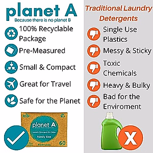 Planet A (60 Loads) Fresh Linen - Laundry Detergent Soap Sheets - Plastic Free - Hypoallergenic Eco Friendly Wash - No Liquid Great for Travel Cleaning Strips