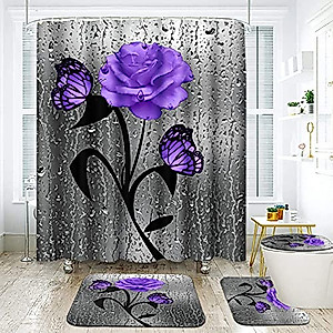 ArtSocket 4 Pcs Shower Curtain Set Purple Rose Floral Flowers Abstract Colorful with Non-Slip Rugs Toilet Lid Cover and Bath Mat Bathroom Decor Set 72" x 72"