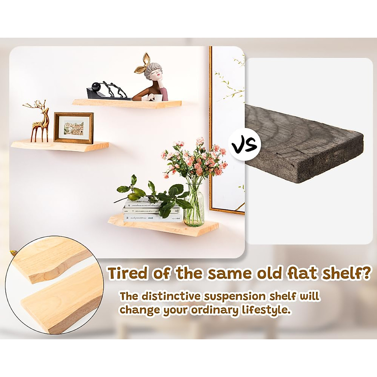 Decent Vrvege Wall Mounted Floating Shelves with Live Edge Design, Irregular Rectangle Wall Decoration Shelf Set of 3, Solid Oak Wood Wall Display Organizer, Home Wall Storage Decor Shelve