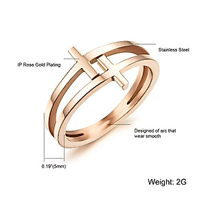 Womens Elegant 18K Rose Gold Stainless Steel Double Cross Ring Christian Fashion Wedding Engagement Band Size 8