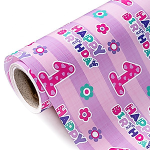 WRAPAHOLIC 1st Birthday Wrapping Paper - Mini Roll - 17 Inch x 33 Feet - Pink Happy Birthday with Floral Design for Birthday, Party, Holiday