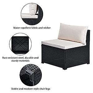 Patio Wicker Set,6-Piece Outdoor Furniture Set with PE Rattan Wicker, Patio Garden Sectional Sofa Chair with Removable Cushions for Porch, Beach (/Black Wicker+ Beige Cushion)