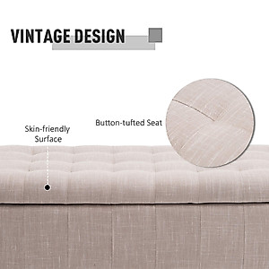 HOMCOM Storage Ottoman, Linen Fabric Button Tufted Storage Bench with Soft Close Lid for Living Room, Entryway or Bedroom, Beige