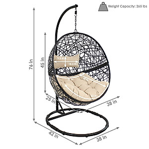 Sunnydaze Jackson Resin Wicker Hanging Egg Chair with Steel Stand - 265-Pound Weight Capacity - Includes Beige Cushions
