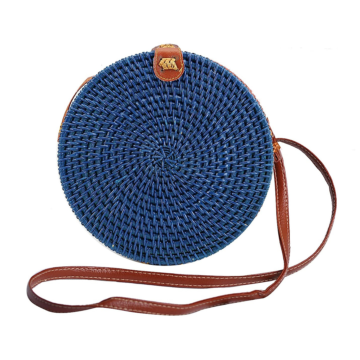 SHAREYOIU Candy Colors Handwoven Round Rattan Shoulders Handbags Natural Chic Hand Tropical Beach Style with Leather Strap (Big，7.87x 3.2 inch, 1#Blue)