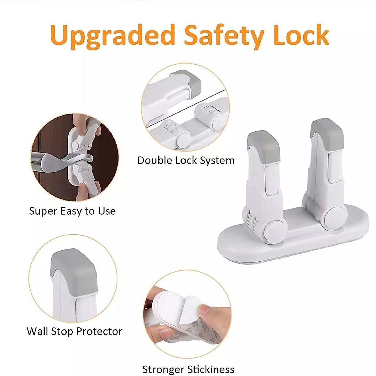 4 Pack, New and Improved Childproof Safety Door Lock, Prevents Toddlers from Opening Doors, BPA Free, 3M Adhesive, Easy to Install, No Drilling Needed.