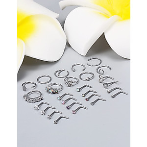 Vsnnsns 20G Nose Rings for Women Surgical Steel Nose Rings Hoops L Shaped Nose Studs Nose Hoop Rings 2mm Diamond CZ Nose Ring Nose Piercing Jewelry Silver 26Pcs