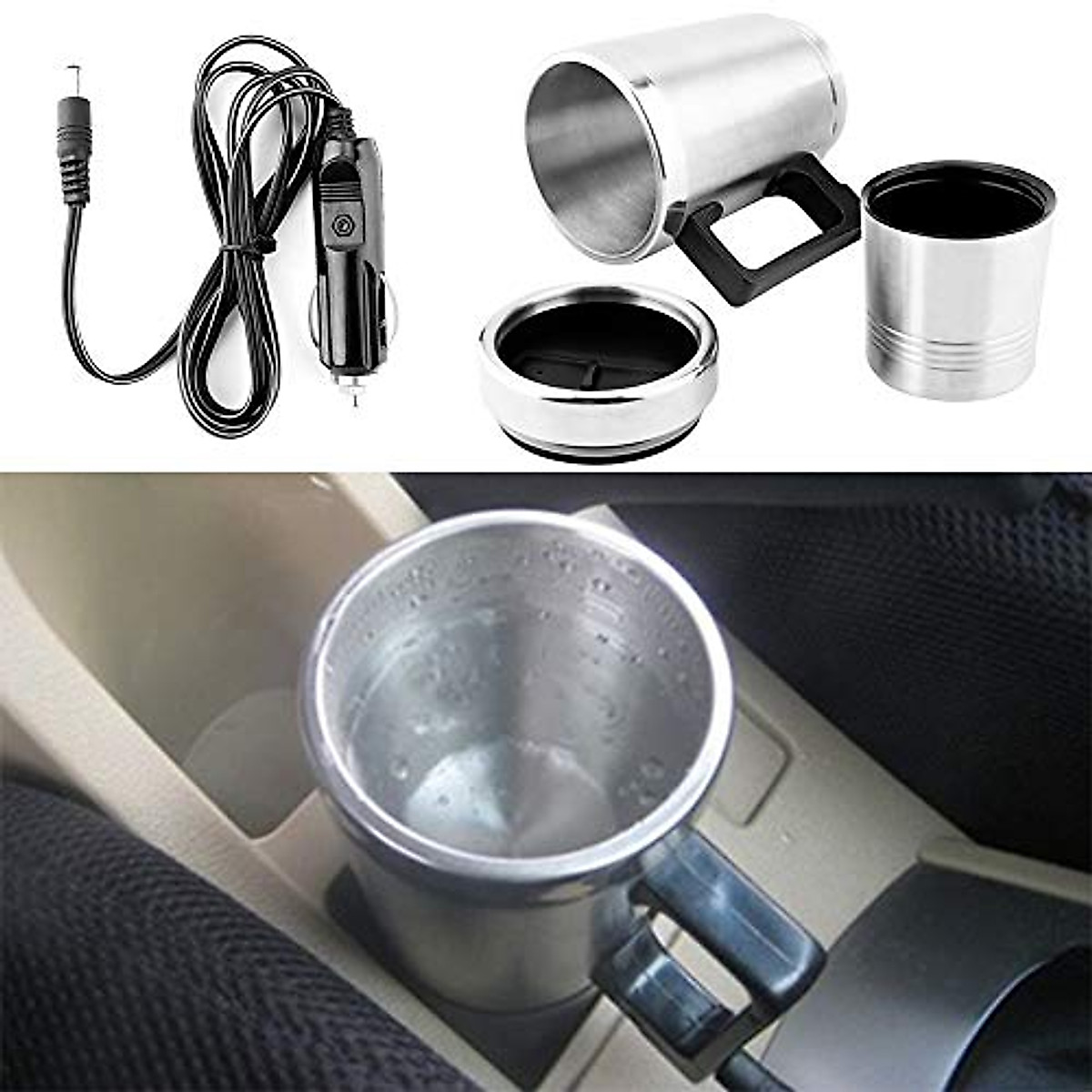 aqxreight - 350ML+150ML 12V Stainless Steel Car Heated Coffee Mug Coffee Cup Warmer Heated Mug Travel Cup