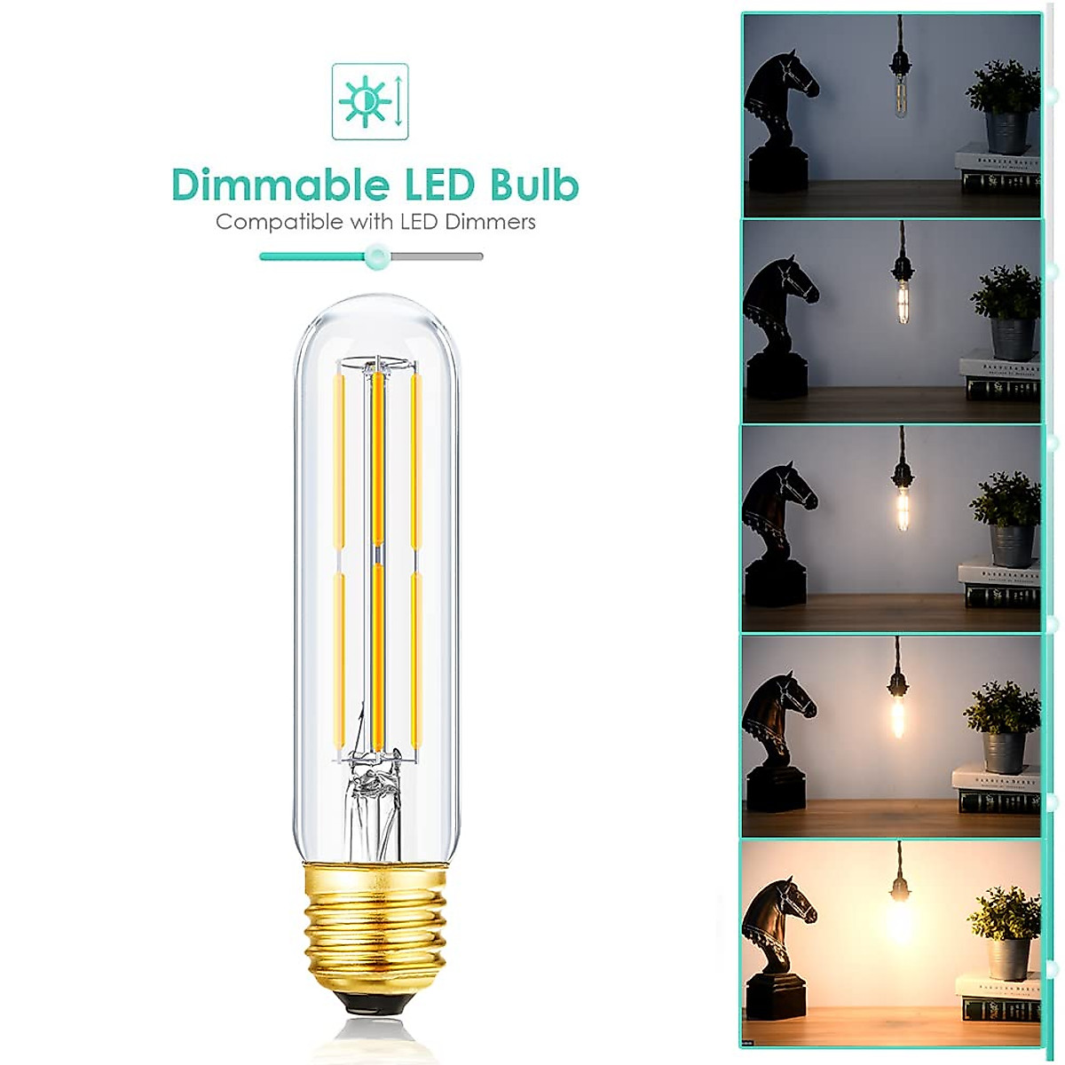 Dimmable E26 Edison Bulb 6W Tubular T10 led Bulb,Equal 60 watt Light Bulb,Soft White 3000K,Edison Filament Light Bulbs for Pendant,Chandeliers,Wall scones, 4-Pack