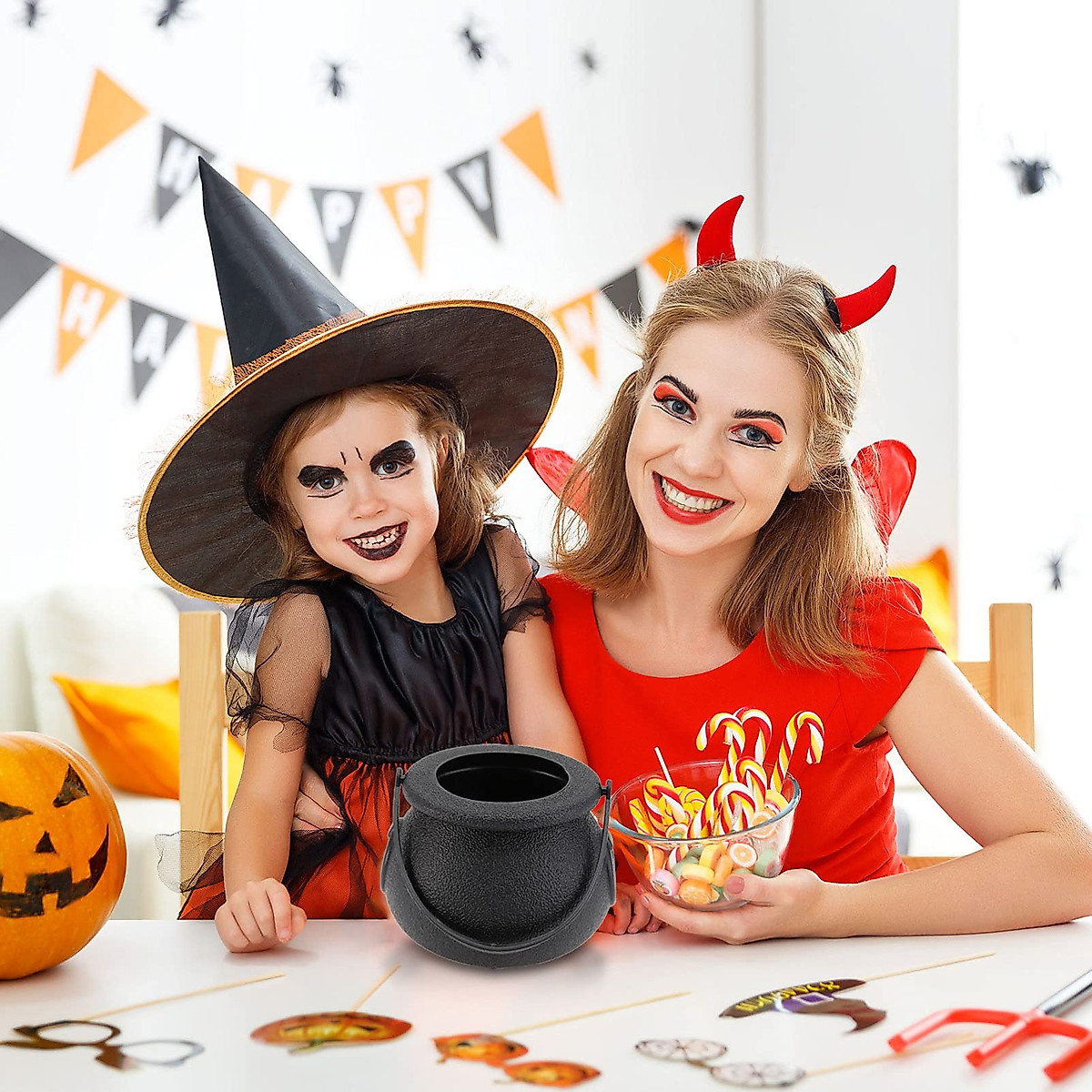 SEWACC 12 pcs 5x7cm Cauldron Kettles Handle Halloween Party Candy Buckets Witch Cauldron Decorations Hanging Props