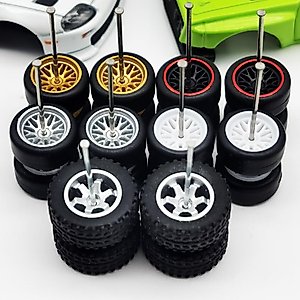 1/64 wheels and Tires Kit to Upgrade Mainline Diecast Model Cars, Premium Car Culture Real Riders Series, ABS and Rubber Material Detail-up Accessories 4 Standard 0.43In and 1 Off-Road 0.55In in A Box