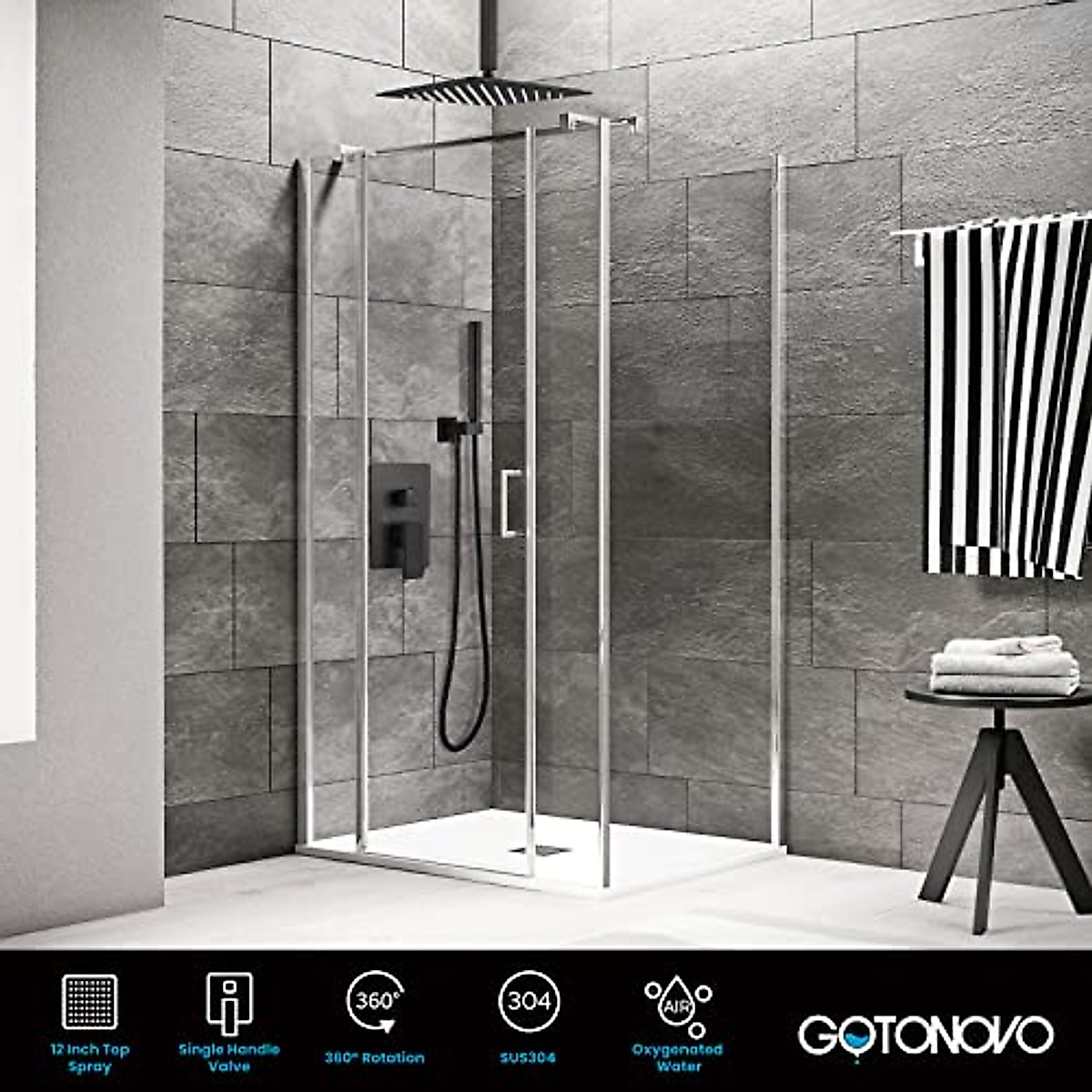 gotonovo Ceiling Mount Shower Faucet Set Matte Black 12 Inch Square Showerhead Bathroom Rainfall Shower System Stainless Steel Shower Trim Kit 2 in 1 Cylindrical Handheld shower with Rough-in Valve