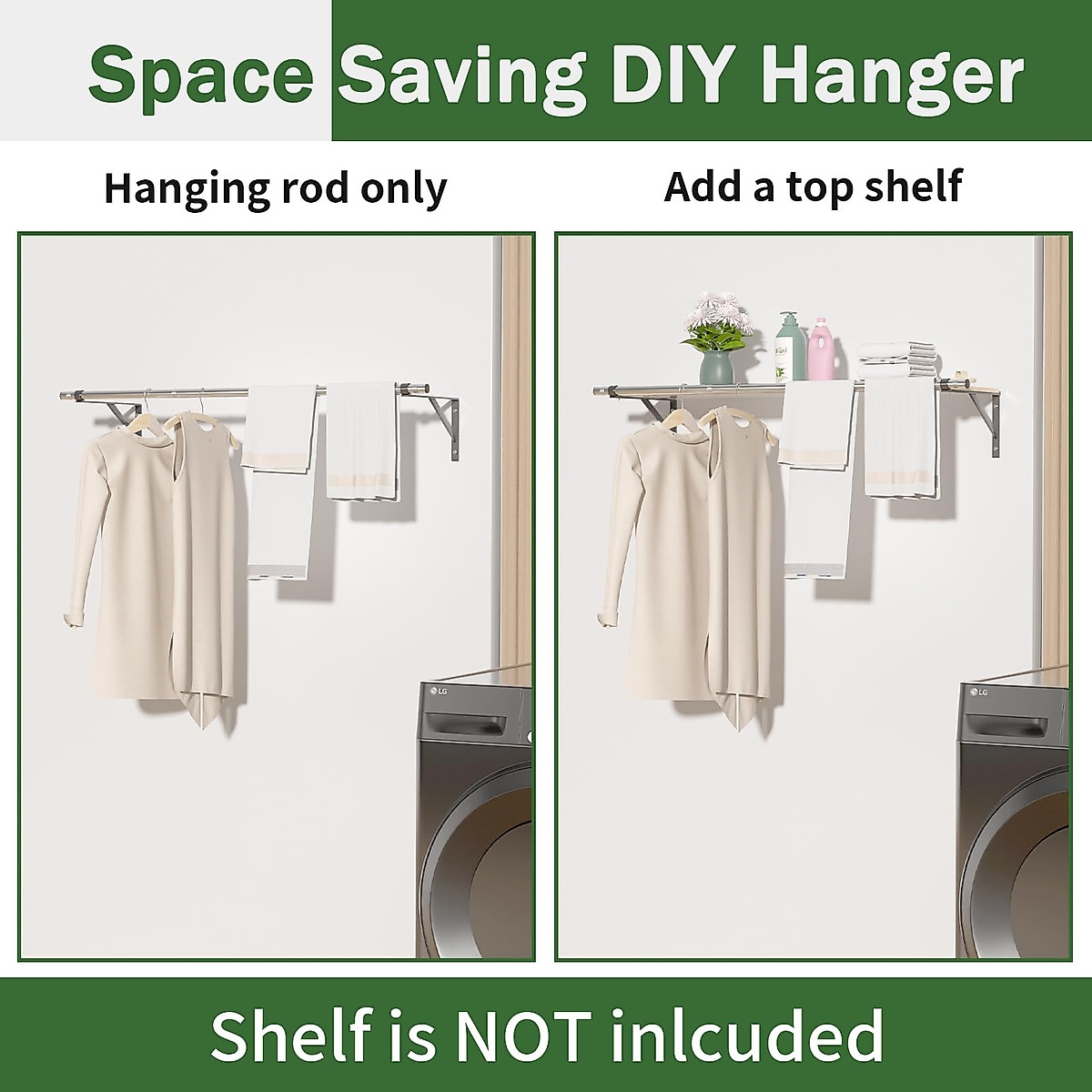 Clothing Rack Wall Mounted - 44 Inch Heavy Duty Detachable Wall Mounted Clothes Rack Garment Bar, Space Saving Multi Purpose Clothes Hanging Rod for Closet Storage Laundry Room Drying Rack - NO SHELF