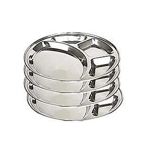 WhopperIndia Stainless Steel Round Dining Plate 4 Compartment Thali, stainless steel compartment plates , ss mess tray , Plates for Dinner Fruitss, Kitchen Dining Table Plate 4 Pcs 11.5 Inch
