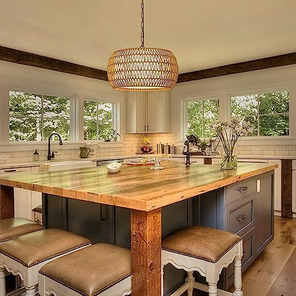 Rattan Farmhouse Chandelier Light Fixtures, 5-Lights Boho Large Pendant Light,Hand Woven Chandeliers for Dining Room with Fabric Shade,Rustic Chandeliers Hanging Light Fixtures for Kitchen Island