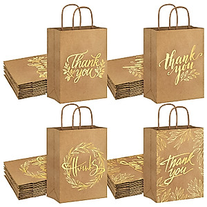 Whaline 16Pcs Thank You Party Bags Gold Foil Kraft Paper Gift Bags Brown Paper Bags with Handle Party Favor Bags for Wedding Birthday Baby Shower Party Favors 6.3 x 8.7 x 3.1inch, 4 Styles
