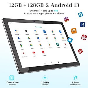 PEICHENG 2 in 1 Tablet, Android 13 Tablets 12GB RAM 128GB ROM 10 inch Tablet with Keyboard, 2.0Ghz Processor, 5Ghz/WiFi 6, Bluetooth 5.0, 10 Hours Battery Life, IPS Screen Tablet Pc, Black