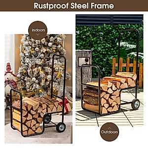 Goplus Firewood Log Cart Carrier, Anti-Slip and Wear-Resistant Wheels, Steel Frame, Large Loading Space, Sturdy Construction, Wide Application, Simple Installation