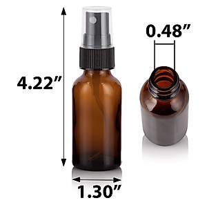 JUVITUS 1 oz Amber Glass Boston Round Bottle with Black Fine Mist Sprayer (12 pack) + Funnel