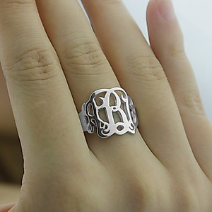Ouslier 925 Sterling Silver Personalized Monogram Ring Custom Made with 3 Initials (Silver)