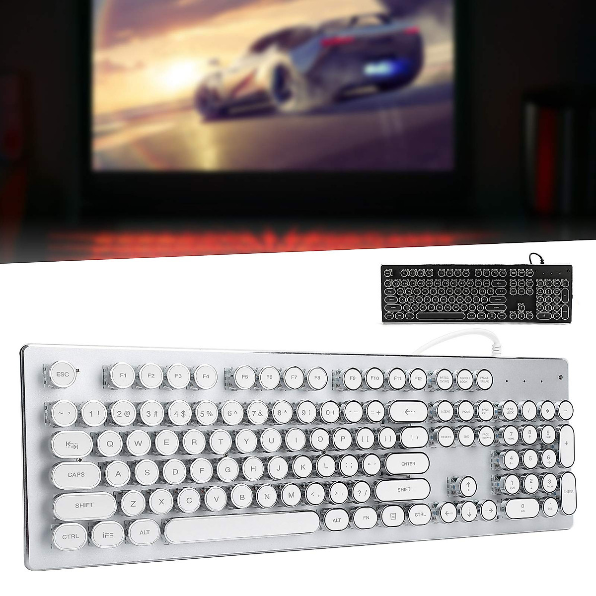 Computer Gaming Keyboard Retro Wired Gaming Mechanical Keyboard Key Portable Keyboard Click with 104 Keys Mixed Light Ergonomic Design Gaming Keyboard(White)