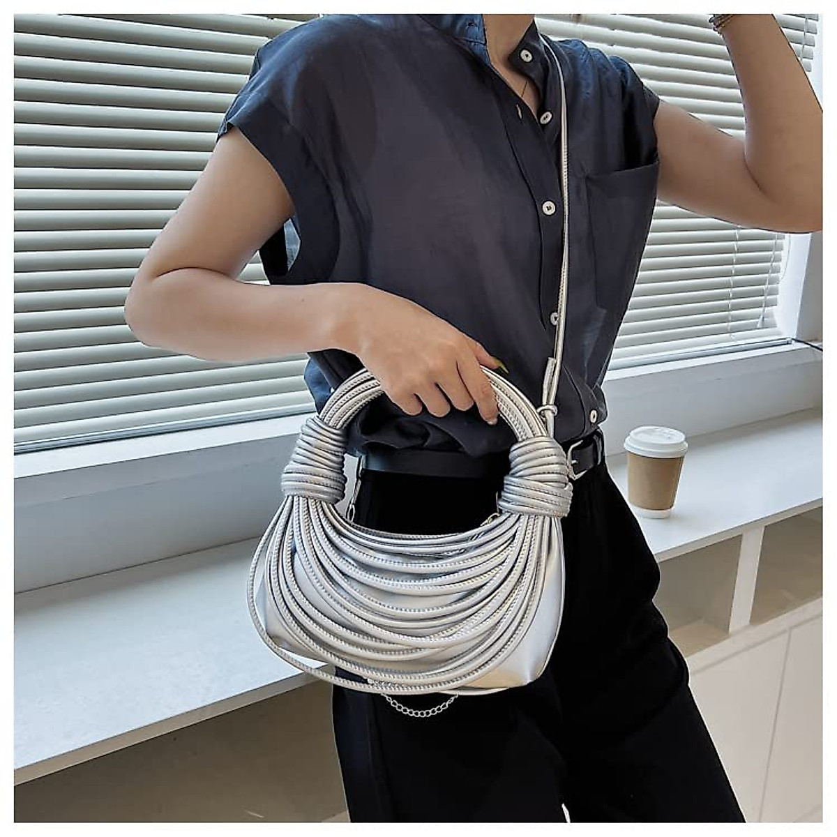 knotted woven tote bag handbag for women Woven Handbag Purse for Women Handwoven Satchel Clutch Purse (silver)