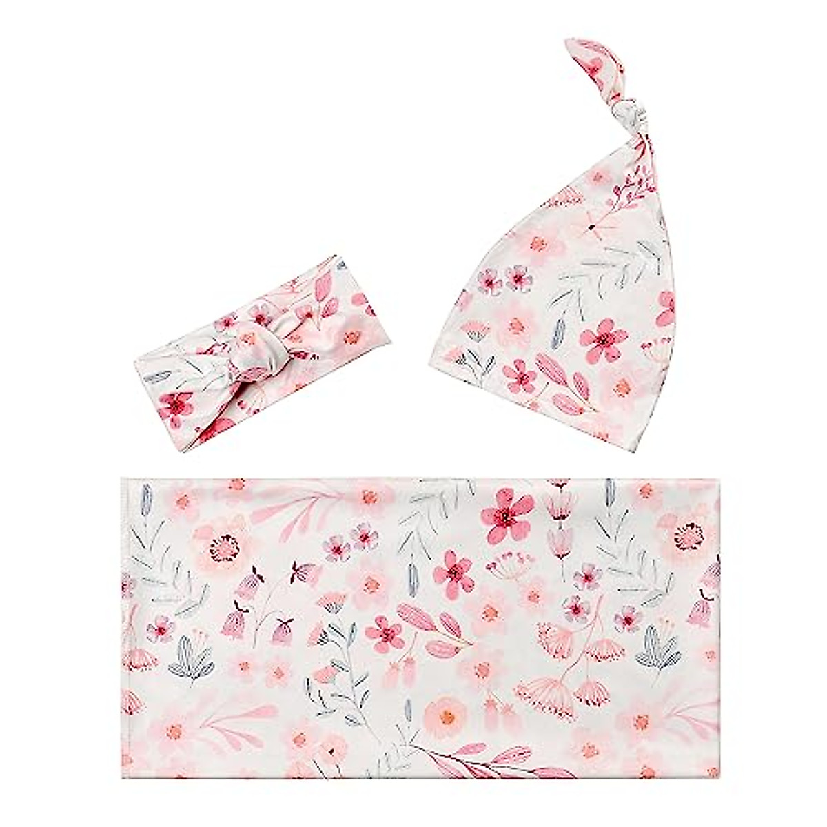 Terriboo Newborn Receiving Blanket and Headband Set Flower Print Baby Swaddle Wrap Floral (Pink 2)
