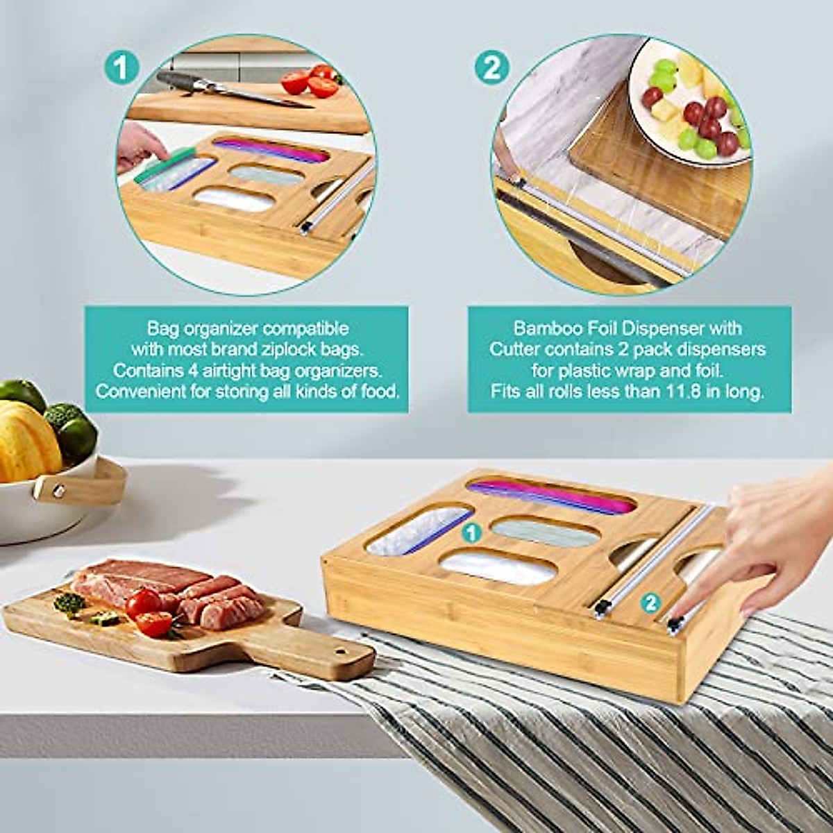 Bamboo Ziplock Bag Organizer, TWSOUL 6-IN-1 Foil and Plastic Wrap Dispenser with Organizer, Wall-mounted Wrap Organizer with Cutter for Storing Gallon, Quart, Snack Bags and Cutting Plastic Wrap, Foil