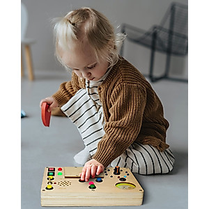 LED Light Montessori Busy Board Button Switch Baby Musical Toys Gift for Kids Baby Electronic Learning Sensory Board Educational Activity Board Wooden Fidget Board Toy