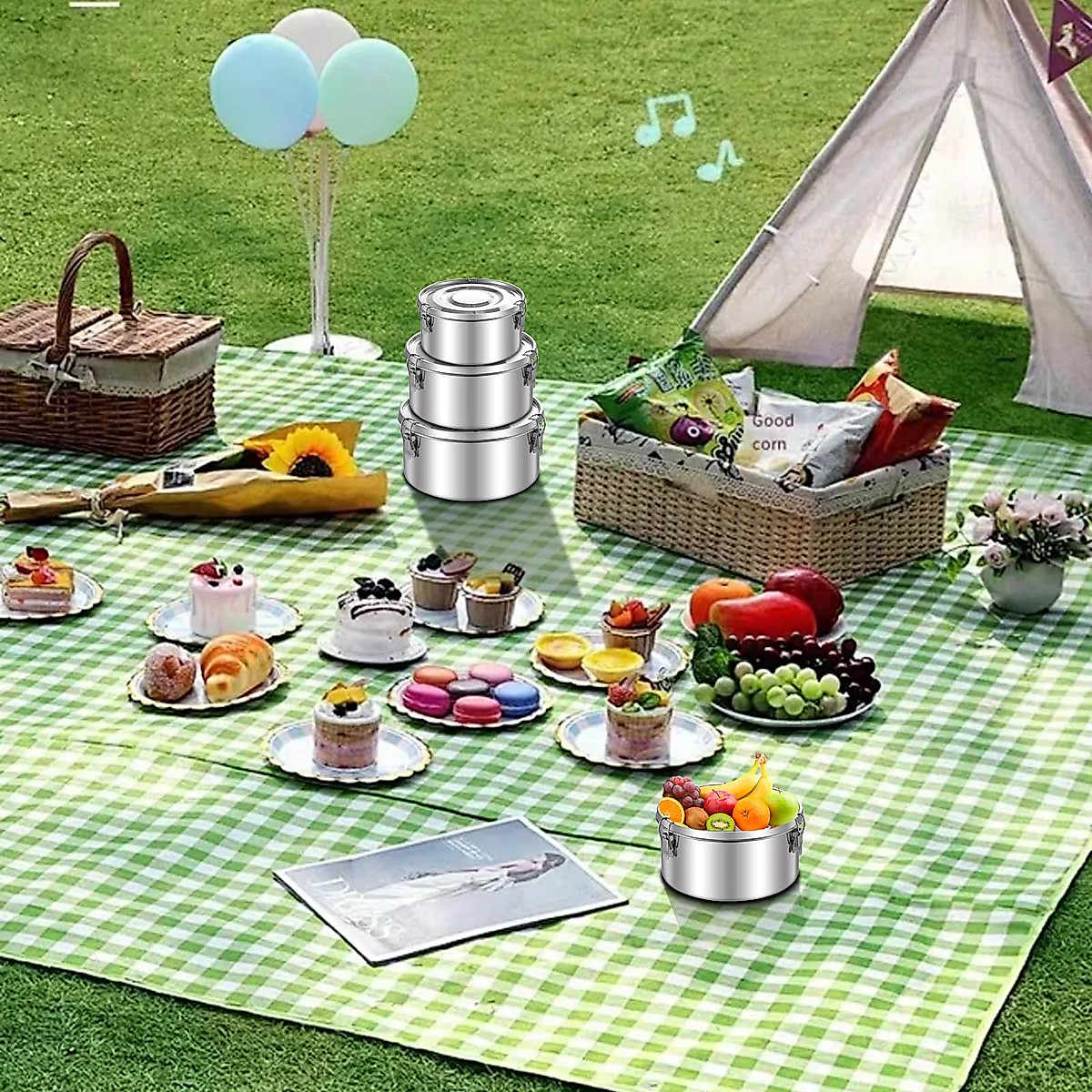 6 Pcs 304 Stainless Steel Food Storage Containers with Lid Bento Lunch Box Kimchi Containers Leak-Proof Reusable Flat Canister Food Box for Camping Trip Picnic Soup Salad,3 Size(22oz, 35oz, 54oz)