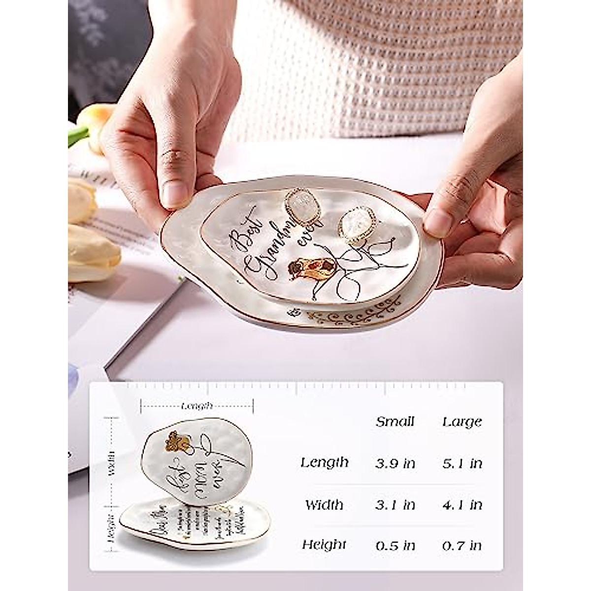 HAYATTEE Grandma Gifts Mothers Day Gfts for Grandma Jewelry Dish Tray with Beautiful Gift Box Gifts for Grandma Birthday Gifts for Women Ceramic Trinket Dish, Set of 2