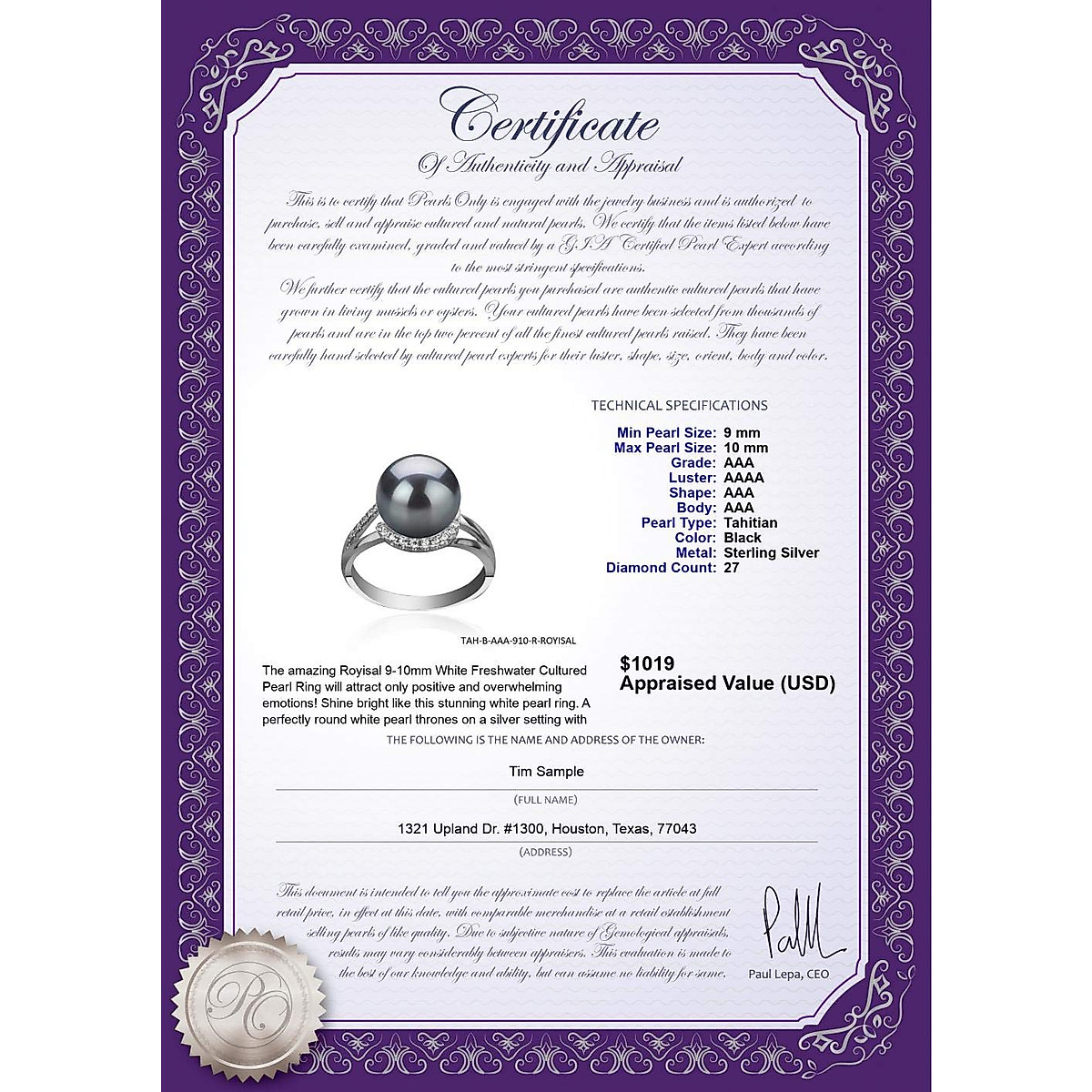 Royisal Black 9-10mm AAA Quality Tahitian 925 Sterling Silver Cultured Pearl Ring For Women - Size-7