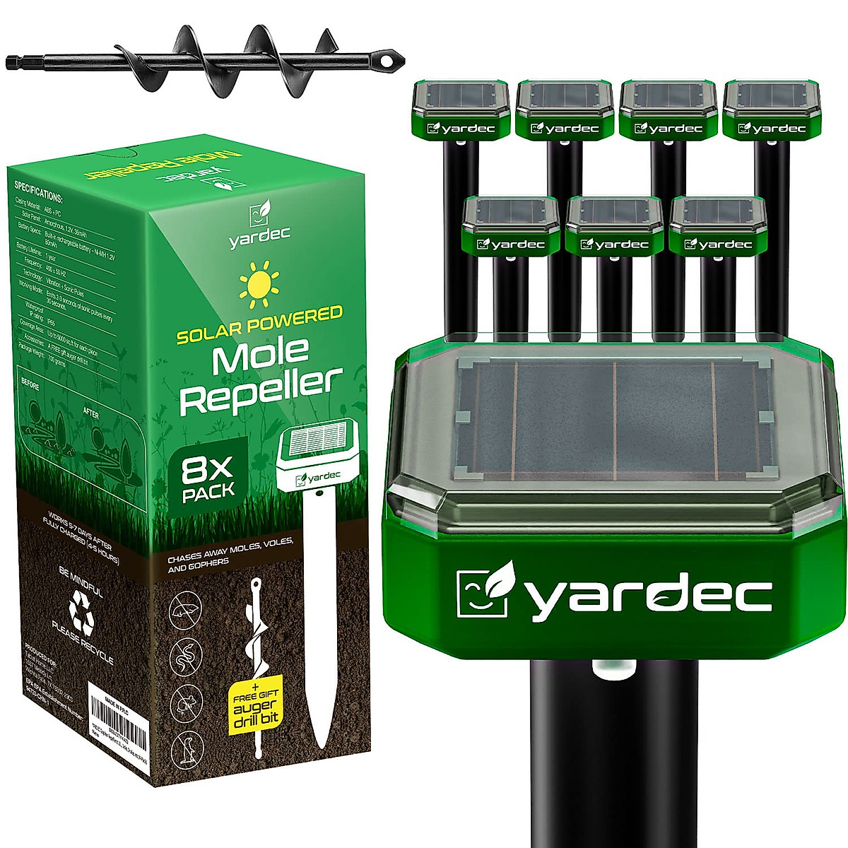 YARDEC Gopher Repellent Ultrasonic Solar Powered (8-Pack) - Easy To Use Solar Mole Repellent Ultrasonic With an Auger Drill Bit - IP65 Waterproof Sonic Repeller Stakes For Groundhog, Vole, Snake, etc.