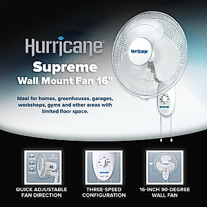 Hurricane Wall Mount Fan - 16 Inch, Supreme Series, Wall Fan with 90 Degree Oscillation, 3 Speed Settings, Adjustable Tilt - ETL Listed, White