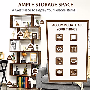 Tangkula 6 Tier S Shaped Bookshelf, 31.5''L x 9''W x 75''H, Wooden Bookcase and Bookshelves w/Anti-Toppling Device, Room Divider Display Shelves for Living Room, Home Decor, 6 Shelf Bookshelf