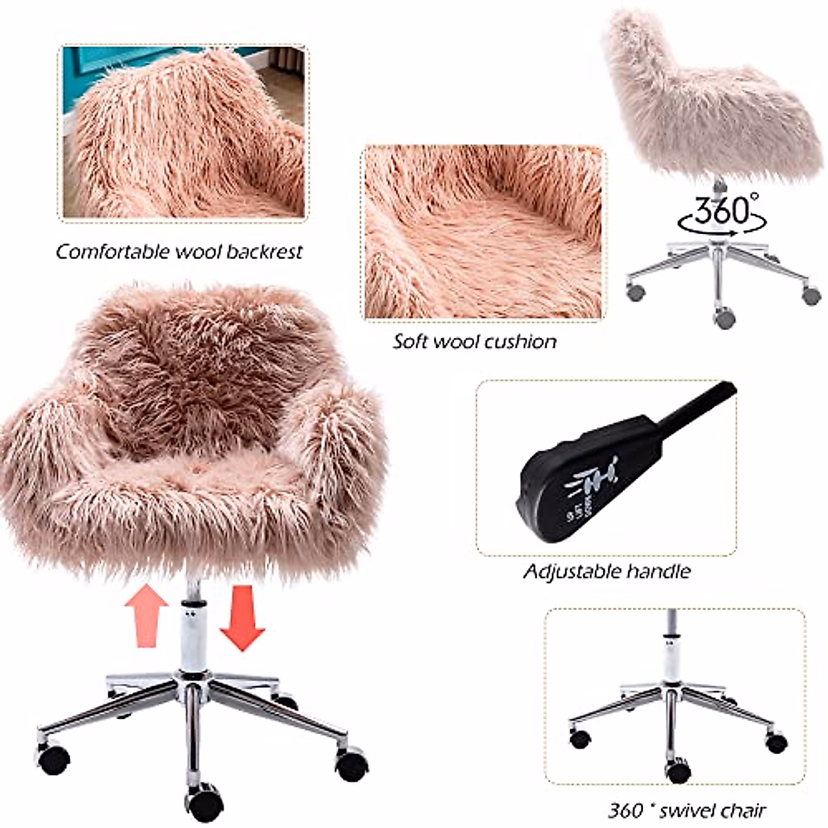 KCC Fluffy Office Desk Chair, Faux Fur Modern Swivel Armchair with Wheels, Soft Comfy Fuzzy Elegant Accent Makeup Vanity Chairs for Women Girls, Home Living Dressing Room Bedroom, Pink