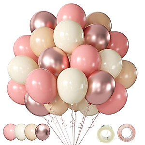 Retro Blush Pink Party Balloons, 60Pcs 12Inch Dusty Pink Metallic Chrome Rose Gold Balloons Beige Blush Latex Balloons for Birthday Wedding Baby Shower Party Decoration