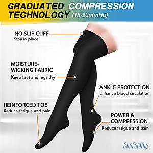 SunFeeling 3 Pairs Thigh High Compression Socks for Women Men Circulation Over the Knee Stockings - Best Support for Running,Nursing,Black,L/XL