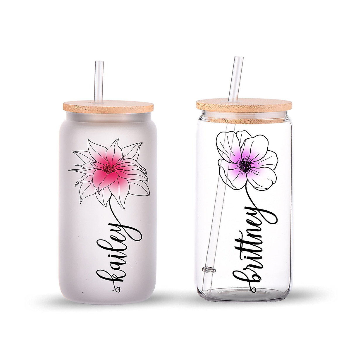 Grifil Zero Birth Month Flower Glass Tumbler, Frosted Glass Tumbler, Bamboo Lid Coffee Cup, Horoscope Birth Month Floral Design, Birthday Flower