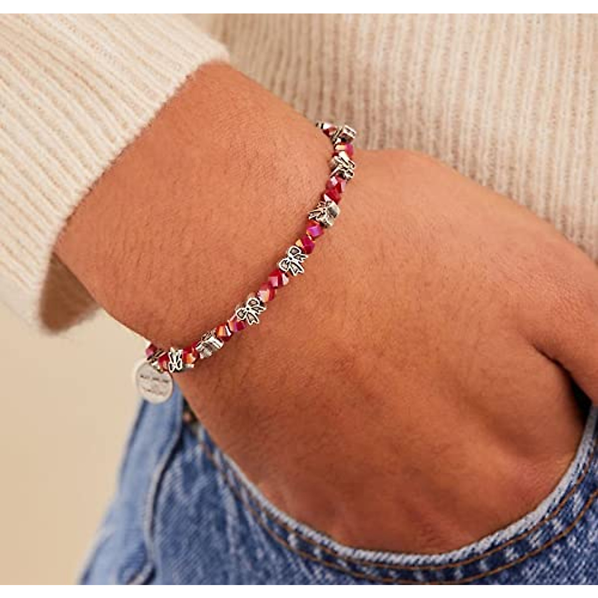 Alex and Ani Accents Holiday Bow Beaded Expandable Bangle for Women, Rafaelian Silver Finish, 2 to 3.5 in