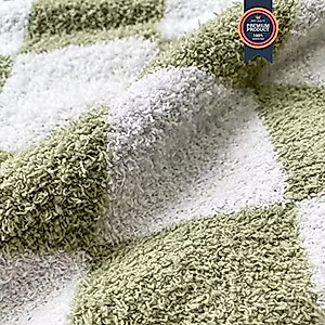 Ultra Soft Checkered Blanket Cozy Buffalo Check Throw Fluffy Knitted Reversible Throw Blanket Lightweight Fleece Checkerboard Grid Blanket for Sofa Couch Bed Travel, Sage Green, 51''x63''