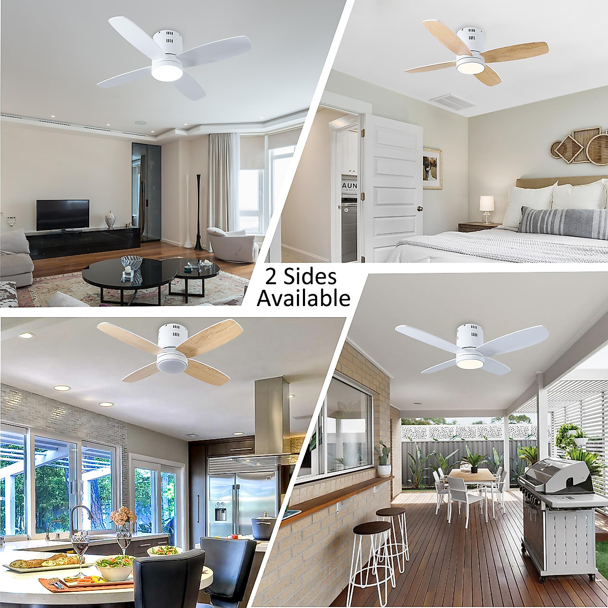 Ohniyou Ceiling Fan with Lights - 38'' Small Low Profile Ceiling Fans Remote & APP Control - Dimmable Indoor Outdoor Quiet DC Flush Mount Ceiling Fan for Patio Kitchen Dining Room Bedroom(White)