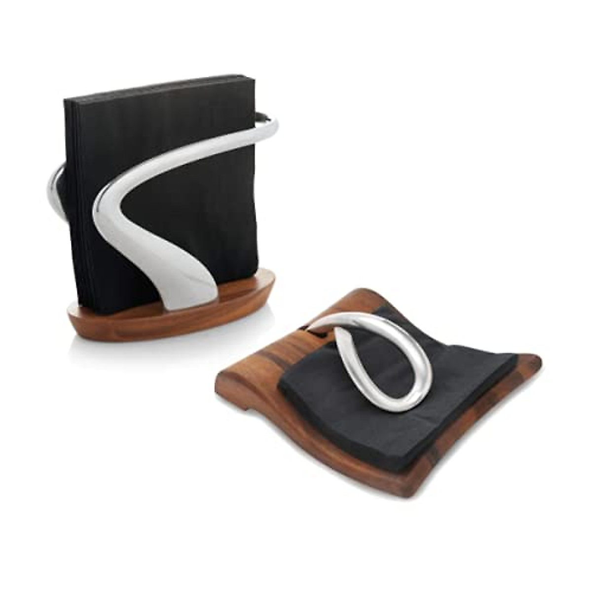 nambe Breeze Napkin Holder | Tabletop Napkin Tray for Parties, Weddings, and Events | Made of Acacia Wood and Stainless Steel | Measures at 9" x 7.5" x 3" | Designed by Neil Cohen