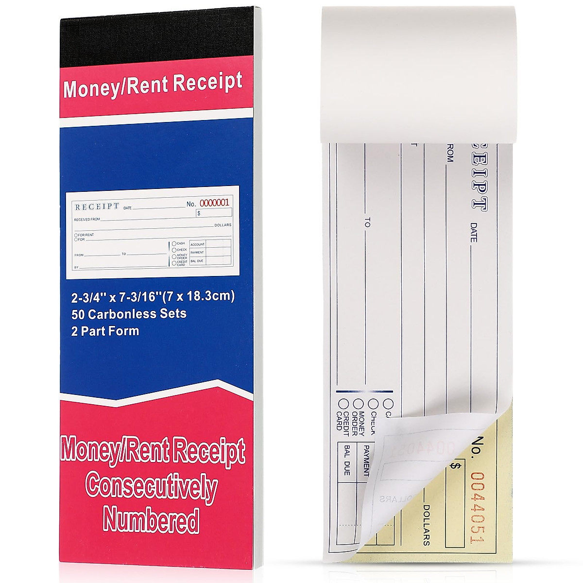 Crtiin 1 Pad Money and Rent Receipt Book 2.75 x 7.2 Inch Bound Cover 2 Part Carbonless Receipt Book with Carbonless Copies Receipt Log Book 50 Sets Per Book