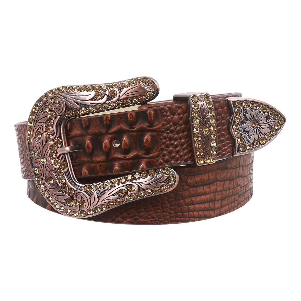 Snap On Western Faux Crocodile Print Rhinestone Leather Belt, Brown | L/XL - 40"