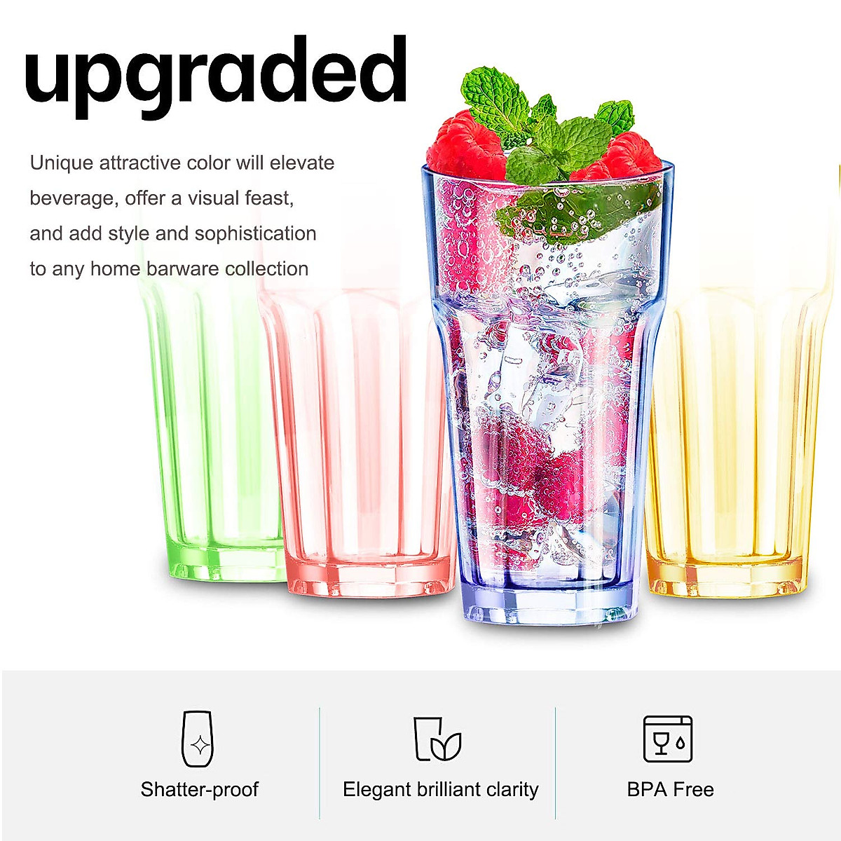 YOOJAM 13oz Plastic Drinking Glasses Tumblers Cups Glassware Kitchen Highball Water Juice Drinkware set for Kids Unbreakable BPA Free Dishwasher Safe 4 Assorted Colors
