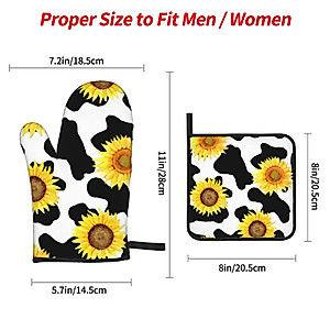 Black Cow Skin Sunflower Oven Mitts and Pot Holders Sets of 4,Non-Slip Heat Resistant Oven Gloves for Baking Cooking Grilling BBQ