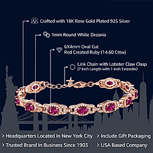 Gem Stone King 18K Rose Gold Plated Silver Red Created Ruby Tennis Bracelet For Women (14.60 Cttw, Oval 6X4MM, 7 Inch, With 1 Inch Extender)