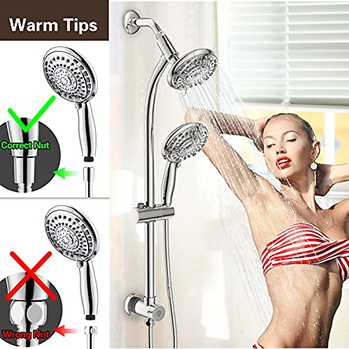 Egretshower Handheld Showerhead & Rain Shower Combo for Easy Reach, 27.5" Drill-free Stainless Steel Slide Bar, 5”of 5-setting Handheld Shower and Showerhead, with 5ft Hose - Polished Chrome